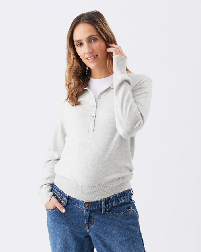 Piper Polo Nursing Knit - Silver Marle
