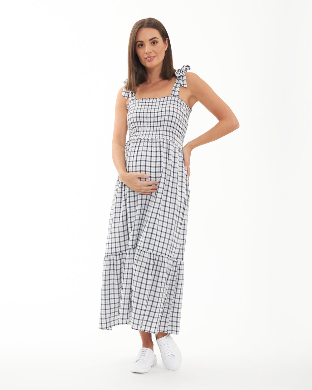 Phoebe Smocked Dress - White / Navy